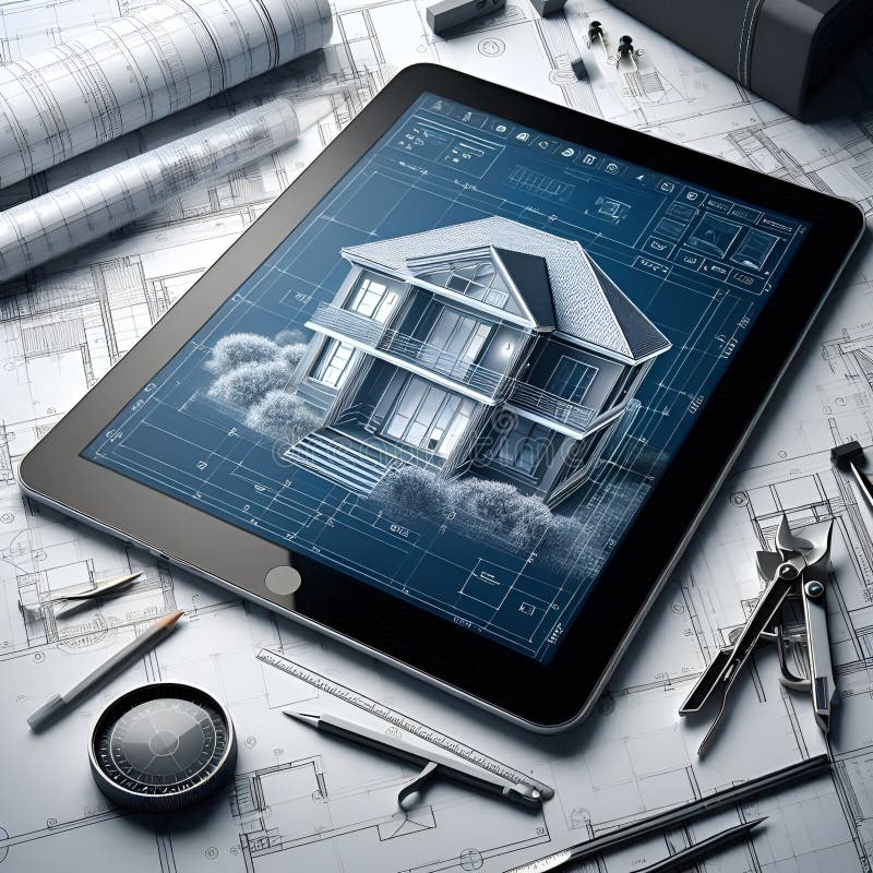 3D House Plan with Structural Details in Tablet Stock Photo - Image of ...