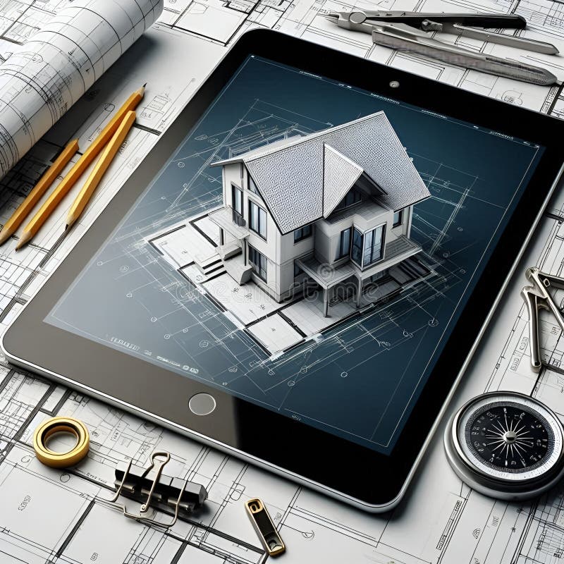 3D House Plan with Structural Details in Tablet Stock Illustration ...