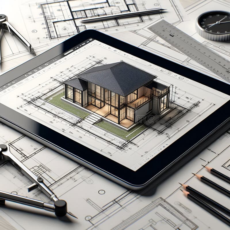 3D House Plan with Structural Details in Tablet Stock Illustration ...