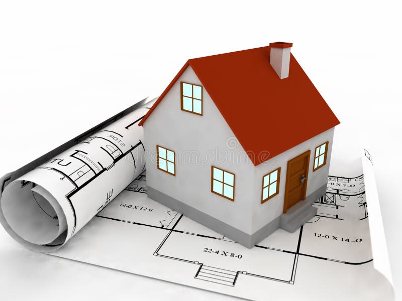 3d house on project plans stock illustration. Illustration of design ...