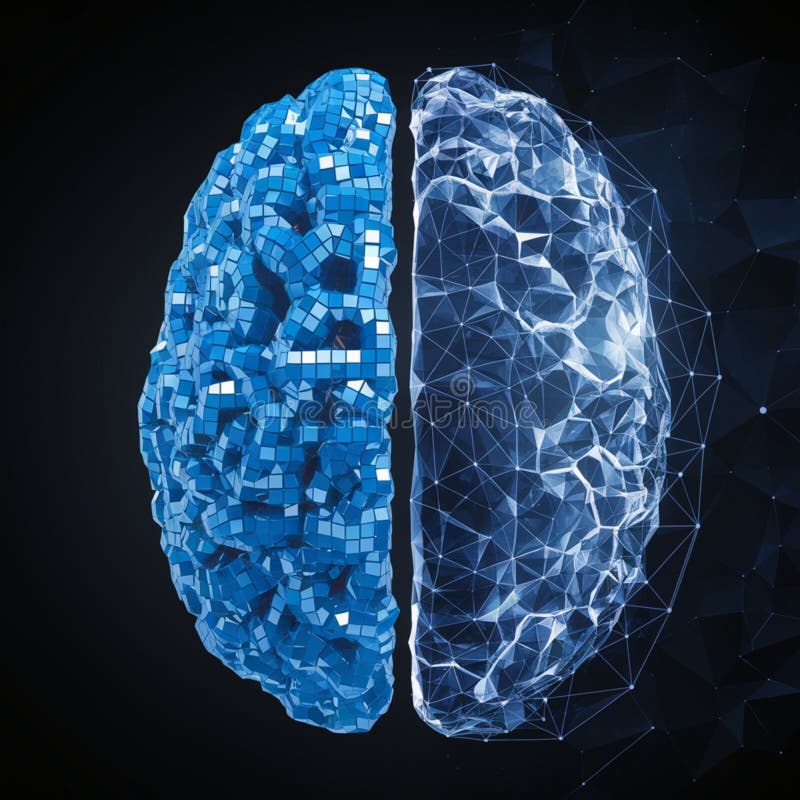3D Human Brain Made of Blue Cubes Transitioning into a White Dot ...
