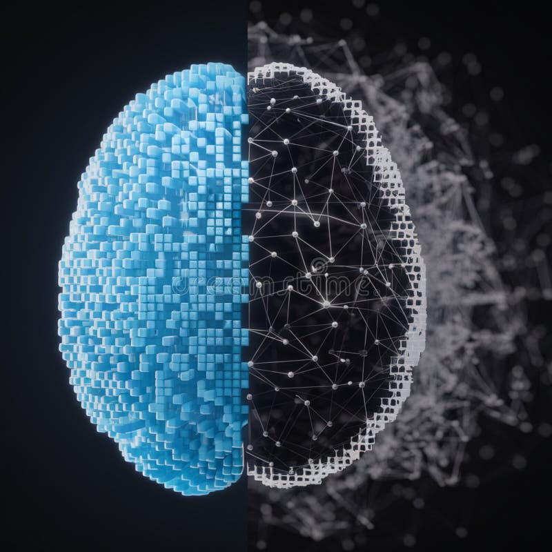 3D Human Brain Made of Blue Cubes Transitioning into a White Dot ...