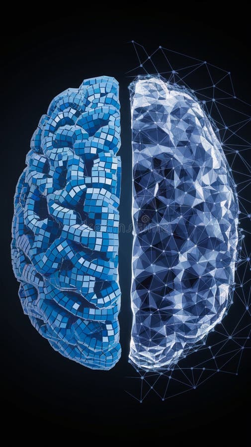 3D Human Brain Made of Blue Cubes Transitioning into a White Dot ...