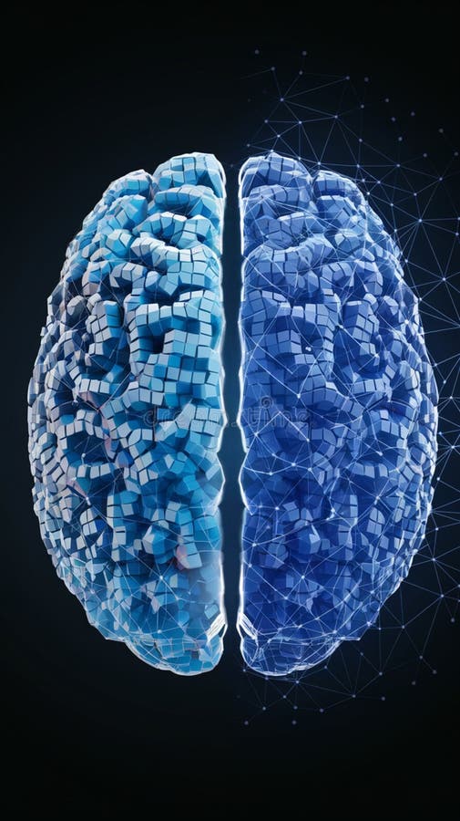 3D Human Brain Made of Blue Cubes Transitioning into a White Dot ...