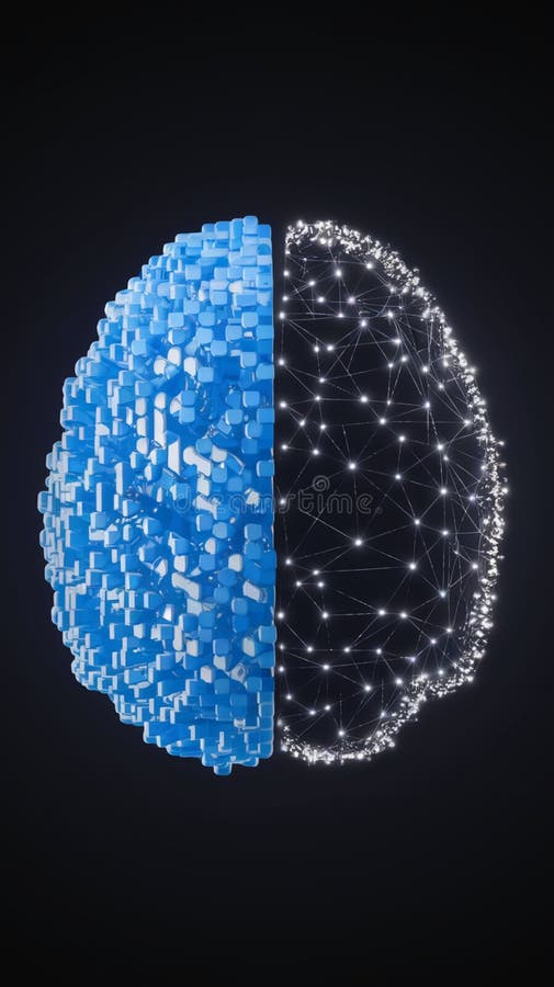 3D Human Brain Made of Blue Cubes Transitioning into a White Dot ...