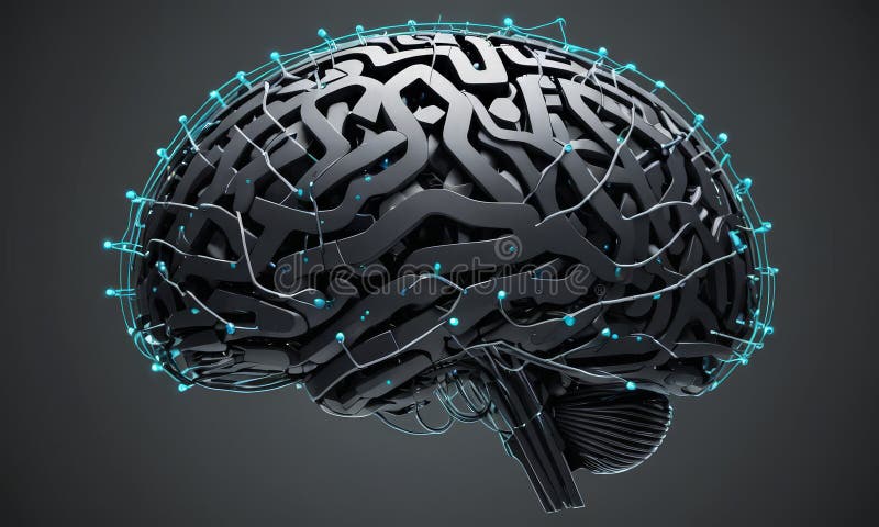 3D Human Brain, Rendered in Black and Gray, is Adorned with Blue Lines ...