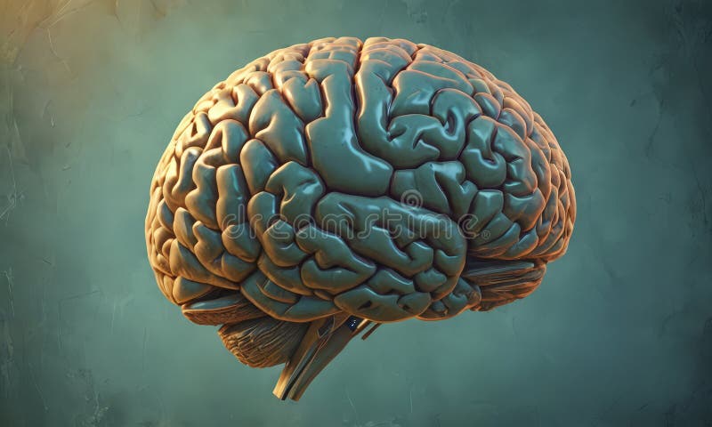 3D Human Brain, Rendered in Shades Green and Brown, is Depicted in Side ...