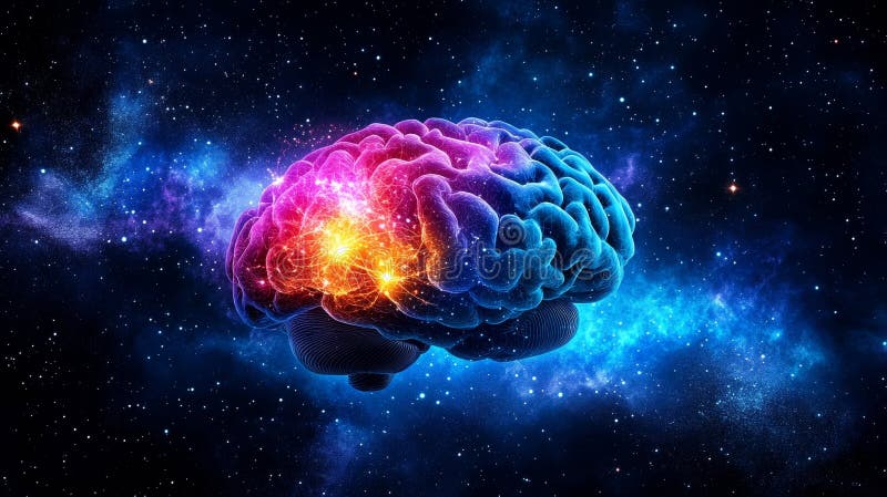 3D Human Brain in Vibrant Colors with Glowing Neurons and Synapses on a ...