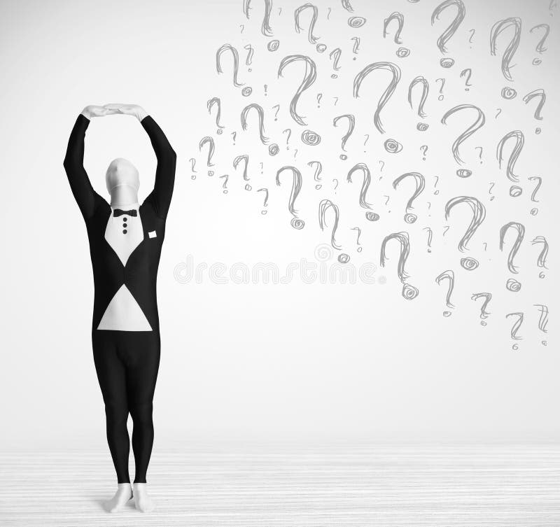 3d Human Character is Body Suit Looking at Hand Drawn Question Marks ...