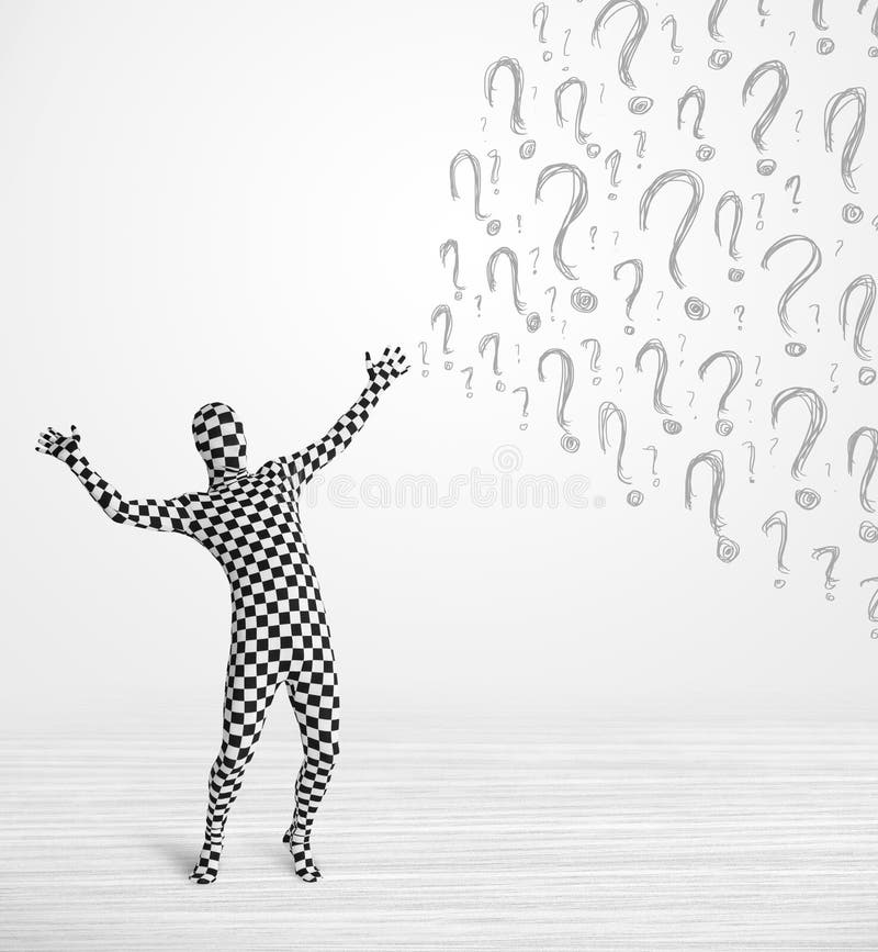 3d Human Character is Body Suit Looking at Hand Drawn Question Marks ...
