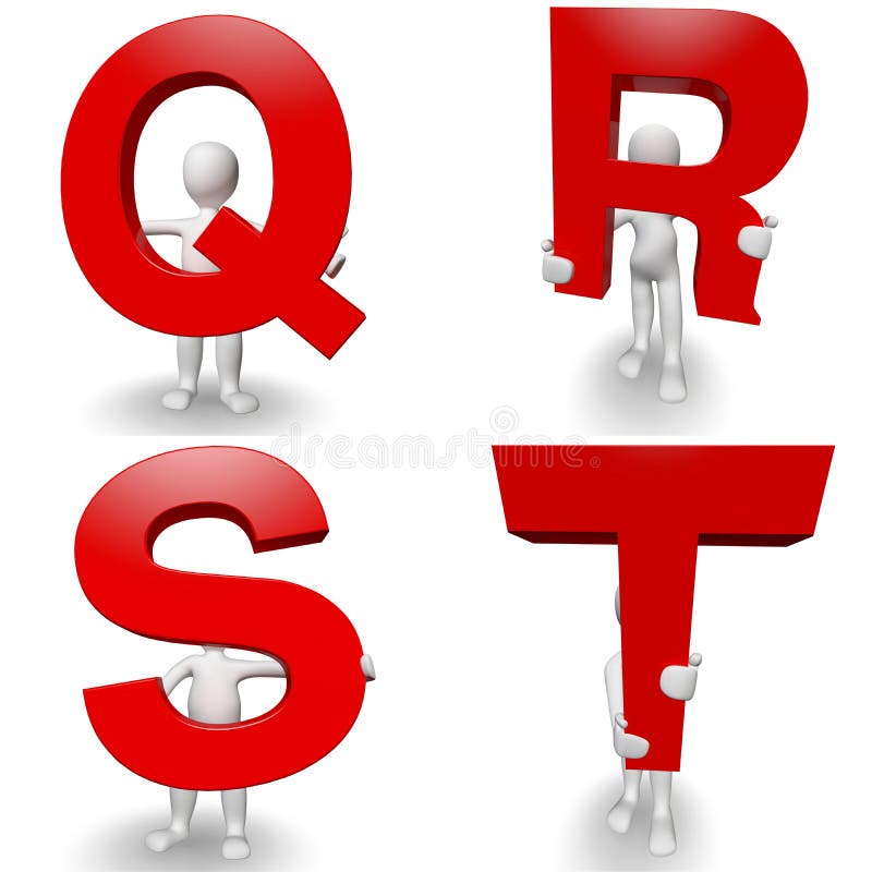 3D Human Character Holding Red Letter Q, R, S, T Stock Illustration ...