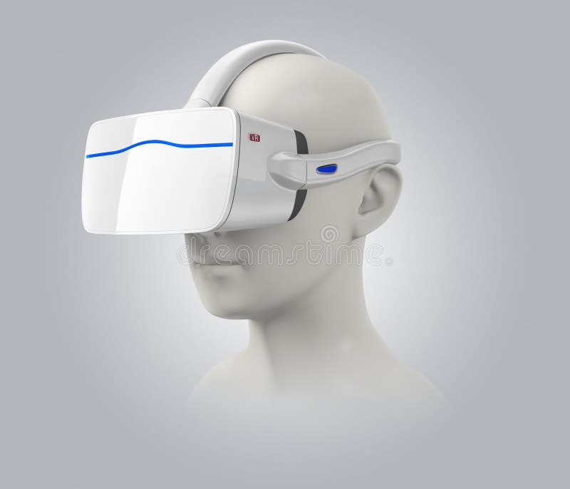 3D Human Head Wearing White VR Headset Isolated on Gray Background ...