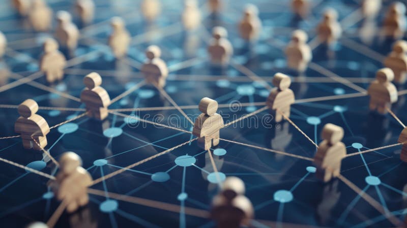 3d Human Network Concept with Wooden Figures and Lines on Blue ...