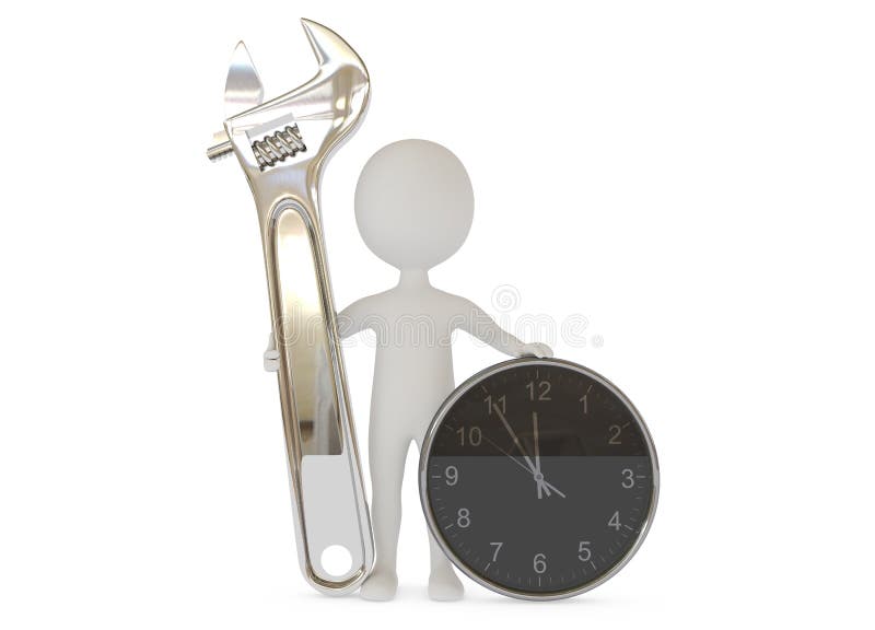 3d Humanoid Character with a Wrench Tool and Clock Stock Illustration ...