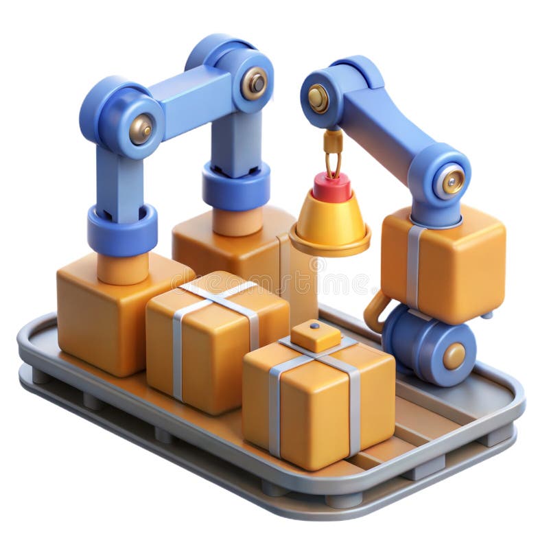3D Icon of Assembly Line with Robotic Arms and Boxes Isolated on White ...