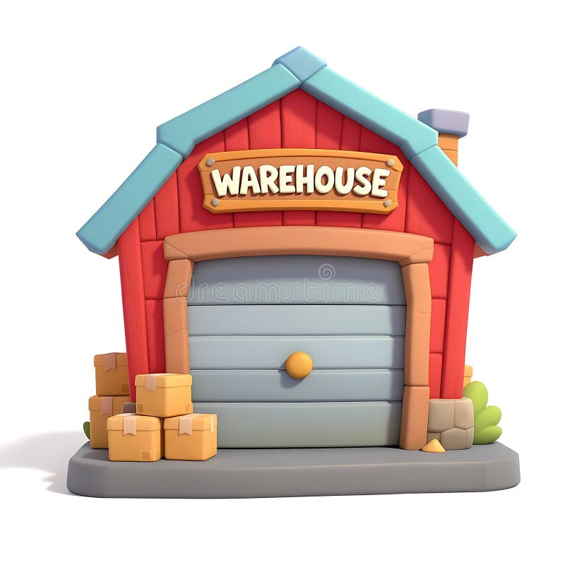 3D Icon of Cartoon Warehouse Building with Boxes Isolated on White ...