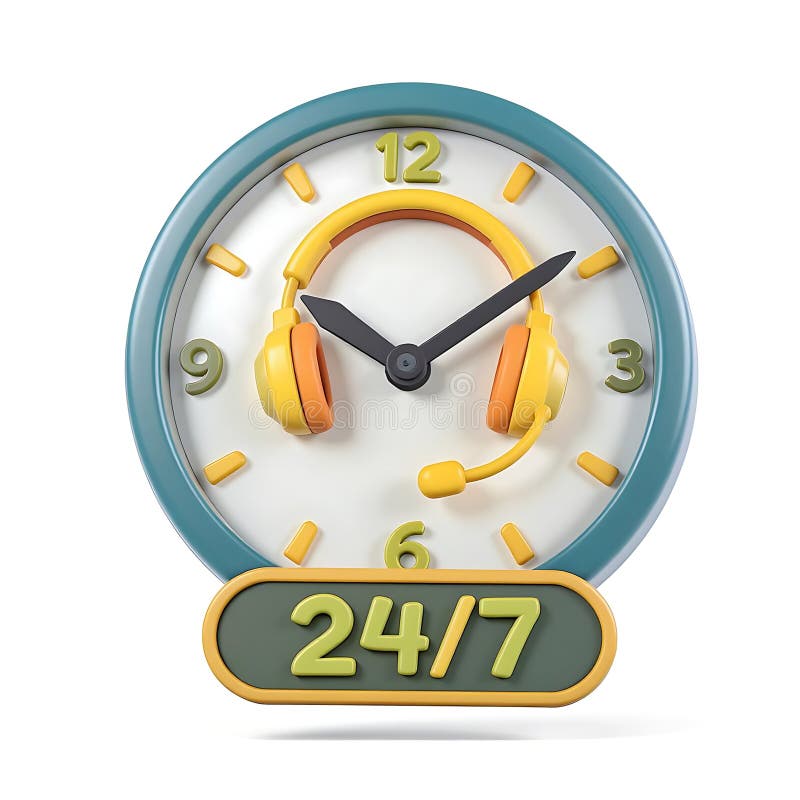 3D Icon of Clock with Headset Showing 24 7 Customer Service Isolated on ...