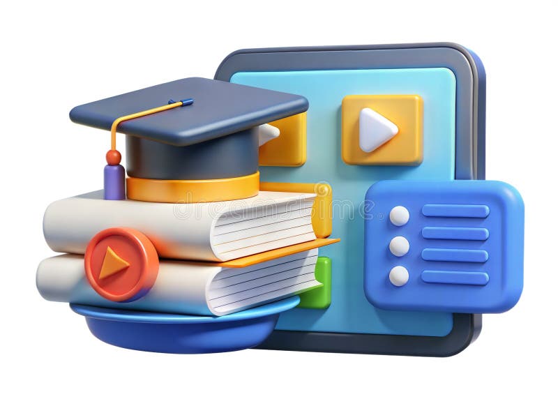 3D Icon of E-learning Platform with Play Button and Course List ...