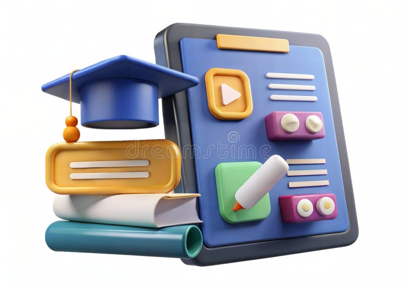 3D Icon of E-learning Platform with Play Button and Course List ...