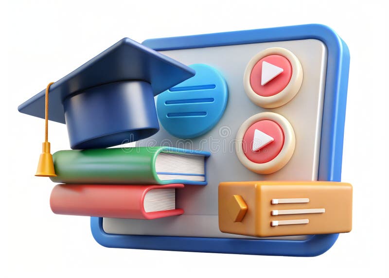 3D Icon of E-learning Platform with Play Button and Course List ...