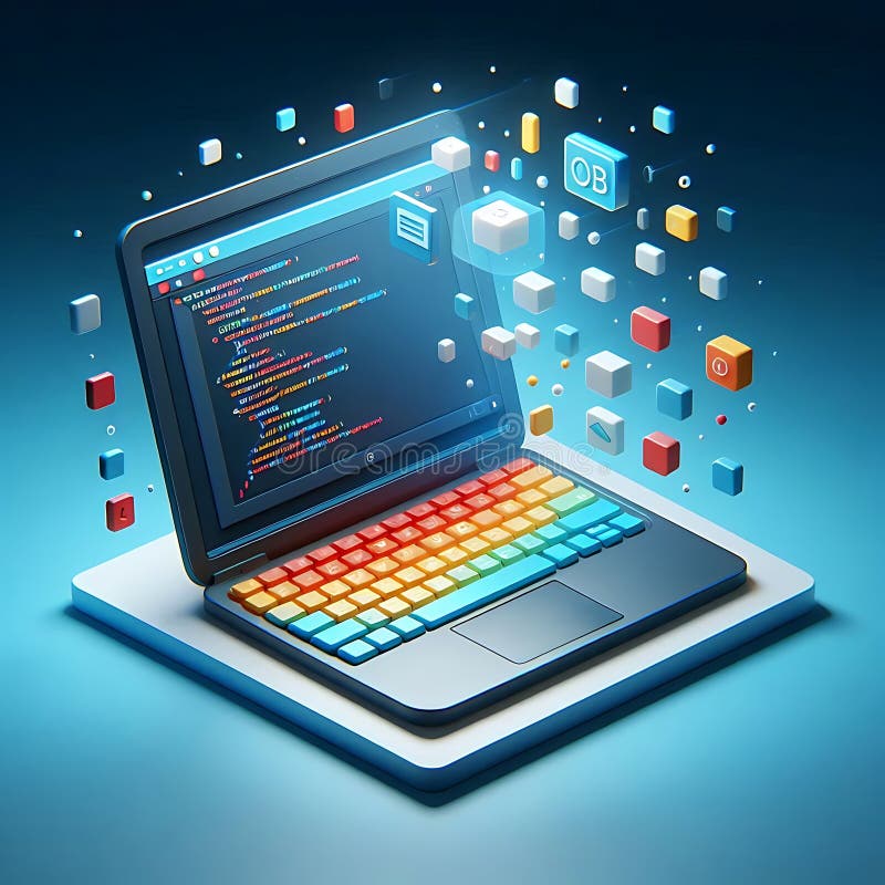 3D Icon of Laptop with Colorful Keys and Code Editor Screen Stock Illustration - Illustration of ...