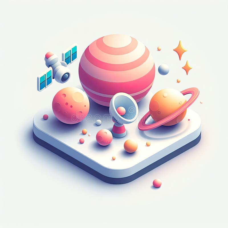 3D Icon of Planets and Satellites in Isometric Style on a White ...