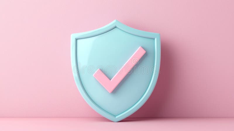 3D Icon of a Protective Shield with a Check Mark on a Soft Pink ...