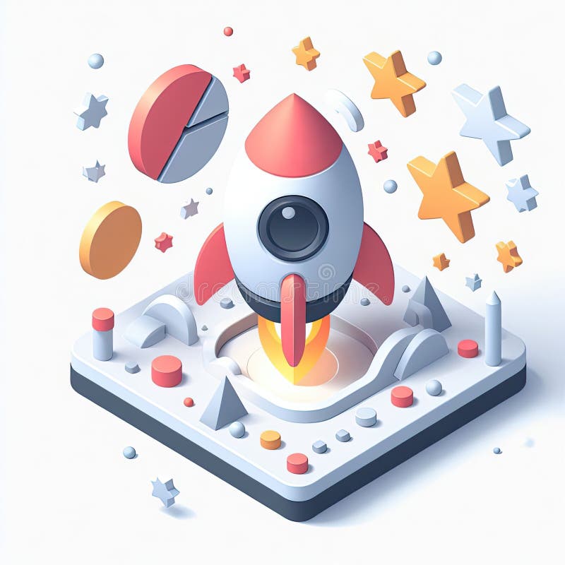 3D Icon of a Rocket and Stars in Isometric Style on a White Background ...