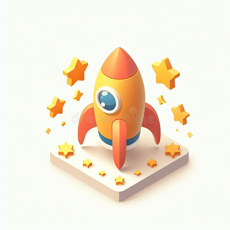 3D Icon of a Rocket and Stars in Isometric Style on a White Background Stock Illustration ...