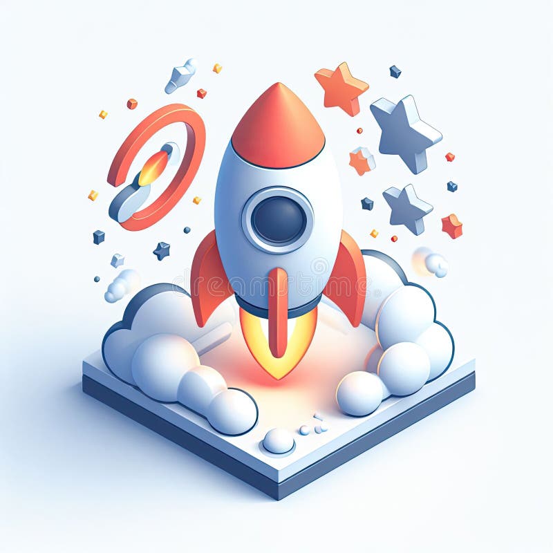 3D Icon of a Rocket and Stars in Isometric Style on a White Background ...