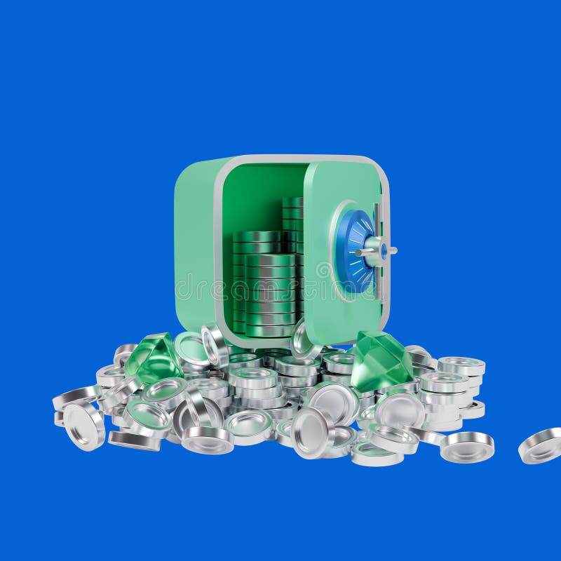 A 3D Icon of a Safe Displaying Silver Coins Inside, Resting on a Stack ...