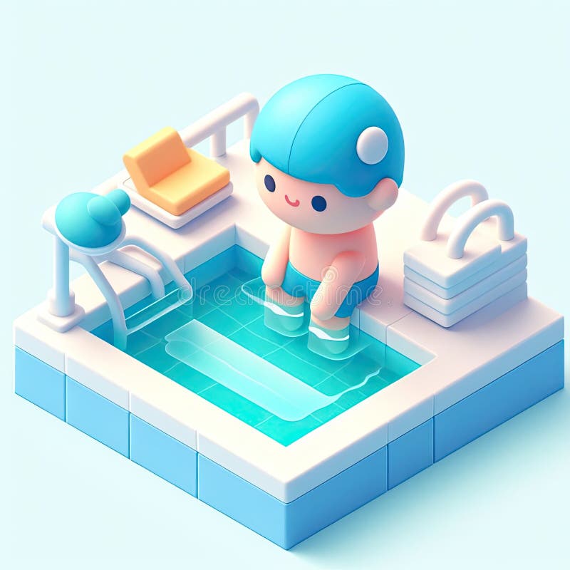3D Icon of a Swimmer and a Pool in Isometric Style on a White ...