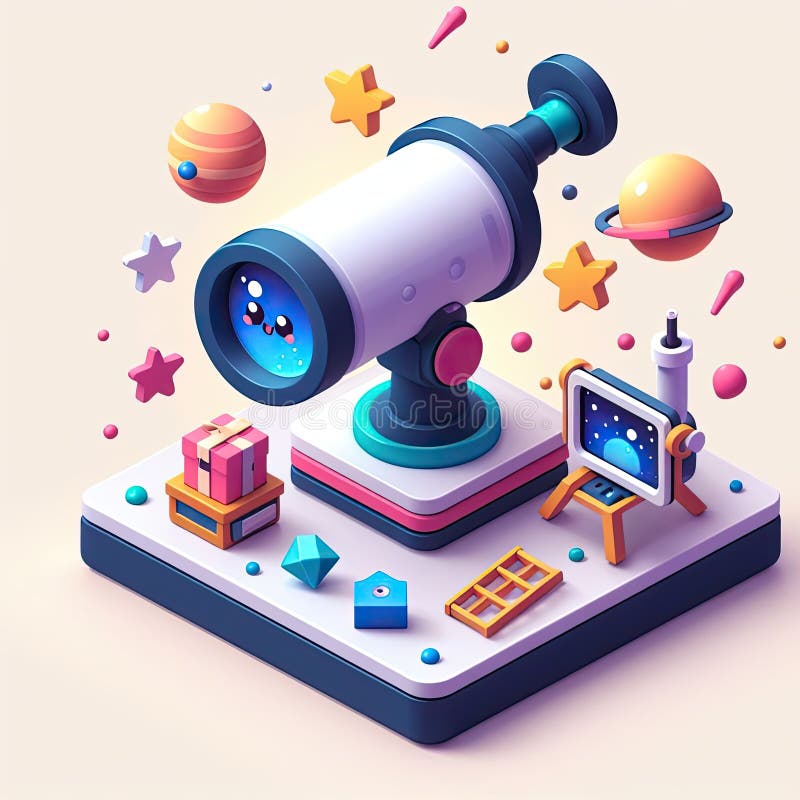 3D Icon of a Telescope and a Galaxy in Isometric Style on a White ...