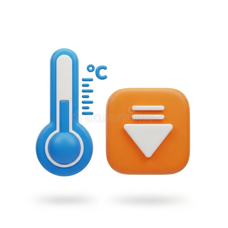 3D Icon of a Thermometer Showing Low Temperature Next To a Down Arrow ...