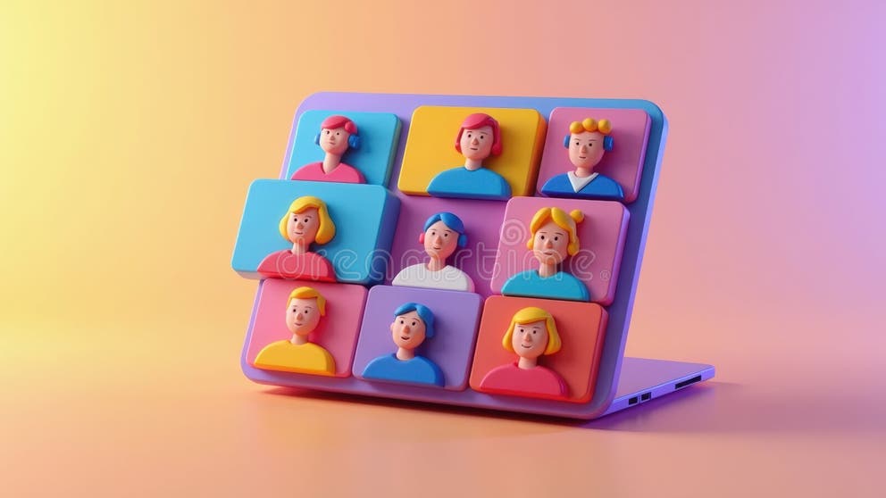 A 3D Icon of a Video Call Grid with Tiny Faces, Modern Remote Work ...