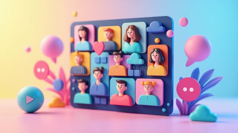 A 3D Icon of a Video Call Grid with Tiny Faces, Modern Remote Work ...