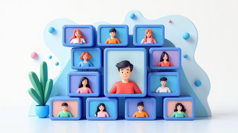 A 3D Icon of a Video Call Grid with Tiny Faces, Modern Remote Work ...