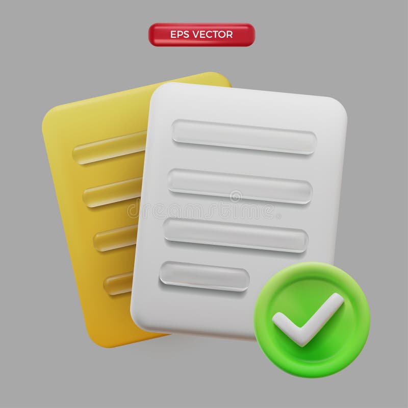 3D Icon Yellow White Accepted Document Cartoon Render Style Vector Mesh ...