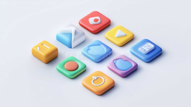 A Set of 3D-rendered Icons for Various Mobile App Functions Stock ...