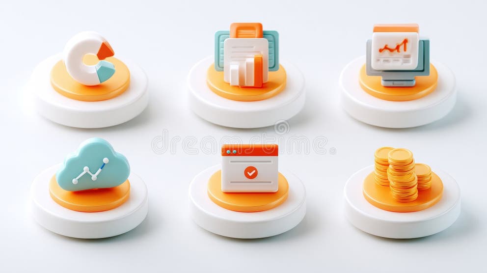 3D Icons Representing Data Analysis, Cloud Computing, Finance, and Digital Marketing on Circular ...
