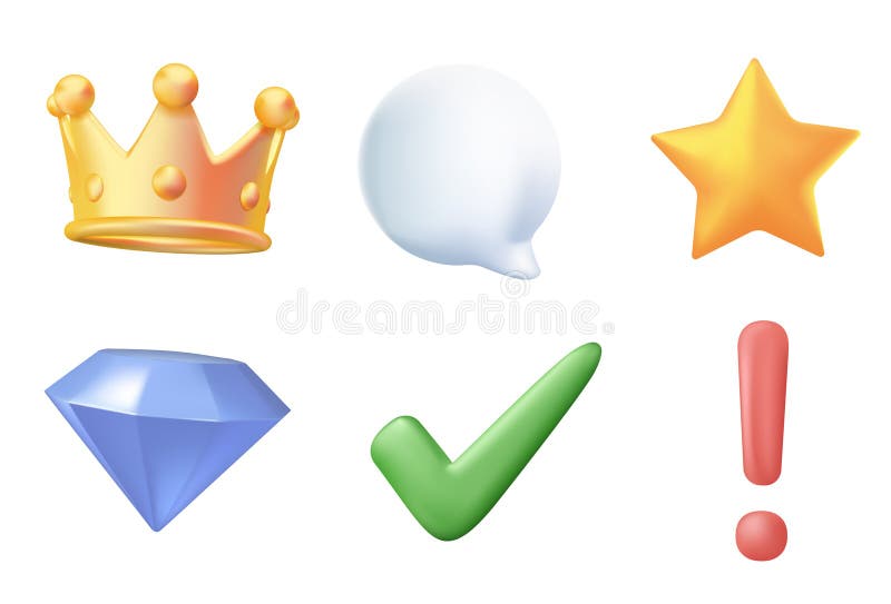 3D Icons Set, Crown, Brilliant, Speaking Bubble, Exclamation Shape Set ...