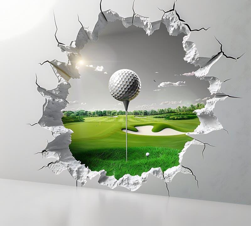 A 3D Illusion Artwork Featuring a Cracked Wall Revealing a Vibrant Golf ...