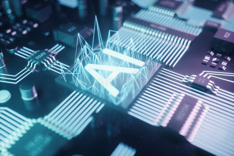 3D Illustration Abstract Artificial Intelligence on a Printed Circuit Board. Technology and ...