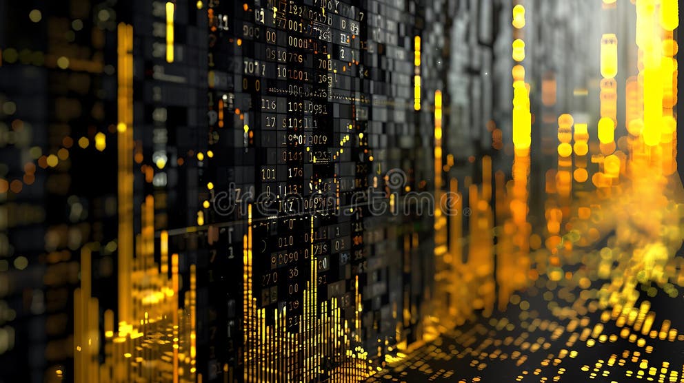 3d Illustration of Abstract Gold Technology Background with Binary Code ...
