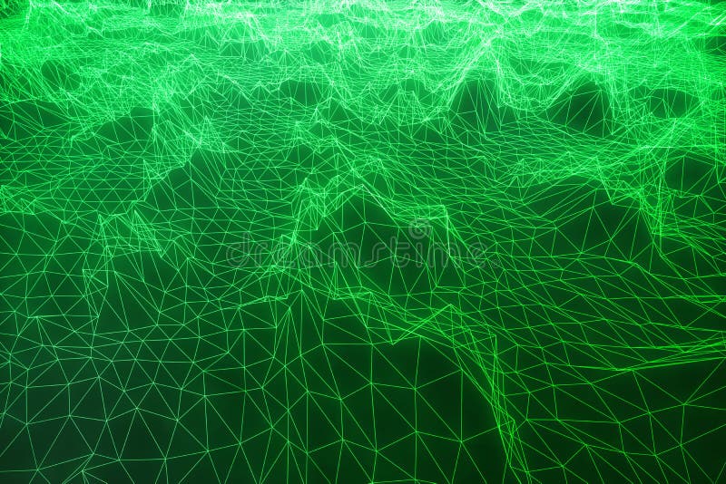 3D Illustration Abstract Green Landscape Bacgkround. Cyberspace Grid ...