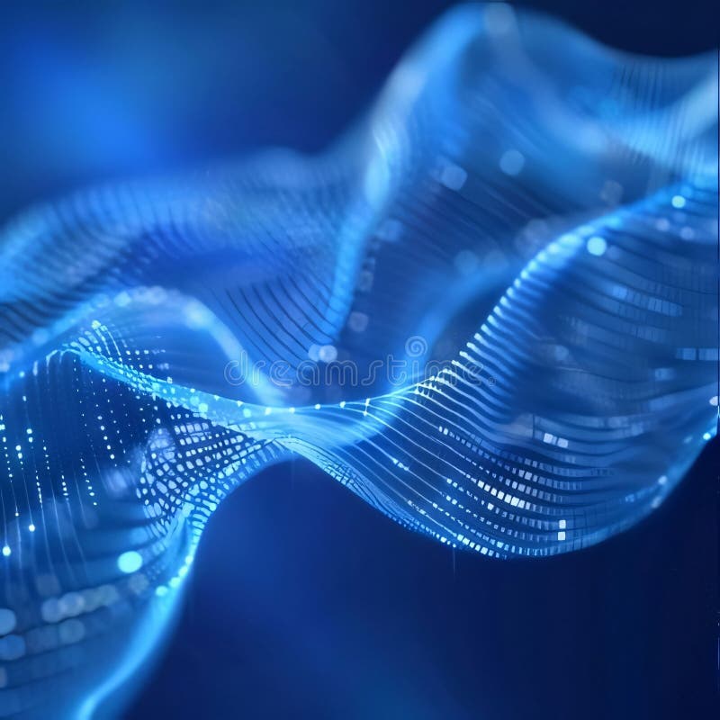 3D Illustration of Abstract Particles Flow with Depth of Field and Bokeh Effect on Blue ...