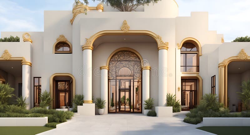 A Rendering of a Large White Building with Gold Trim Created with ...