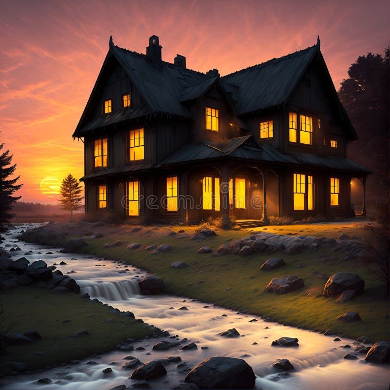 Ai Generated a Picturesque House with a Tranquil Stream Flowing through ...