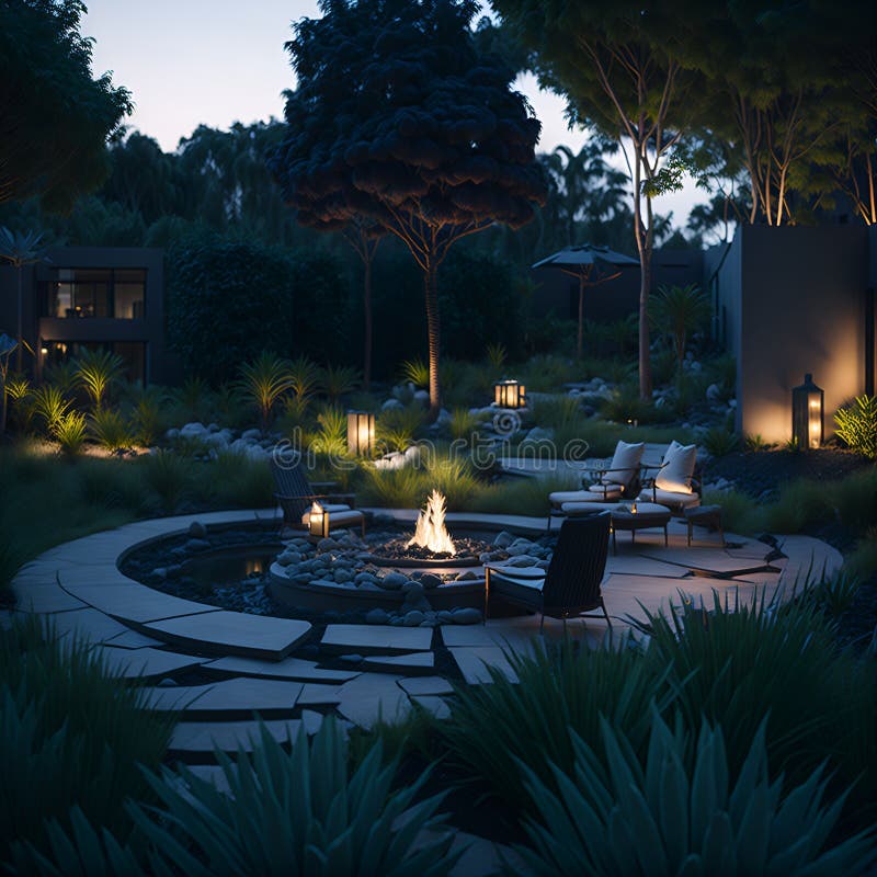 Ai Generated a Cozy Outdoor Fire Pit Area with Chairs and Trees Stock ...