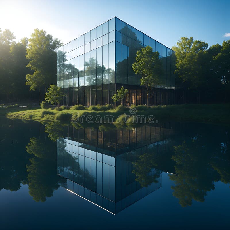 Ai Generated a Modern Glass Building Reflecting on a Calm Lake Surface ...